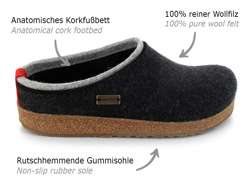 HAFLINGER | Wool Felt Clog Grizzly Kris, Graphite | Express Shipping