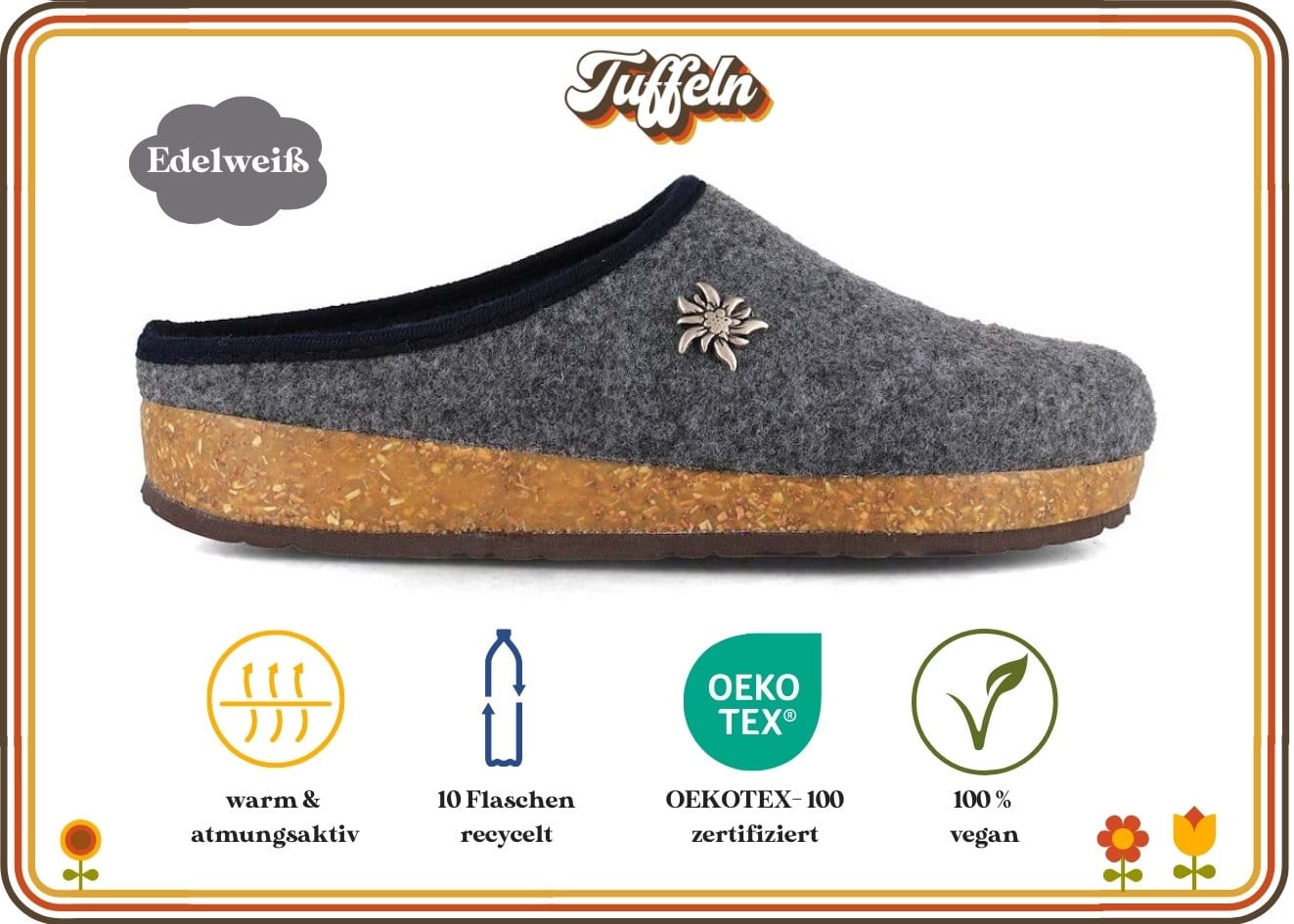 Wool Felt Clogs for Women | Tuffeln® Edelweiss | grey