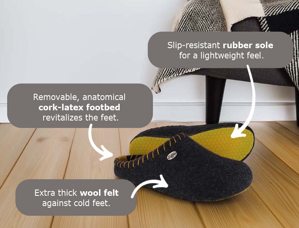 Tuffeln® Auszeit Slippers |Dark Grey Felt, Arch Support
