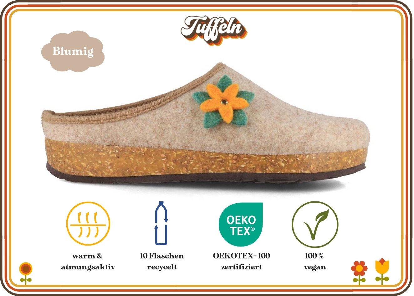 Tuffeln® Wool Clogs «Blumig» | Beige Wool Felt Clogs
