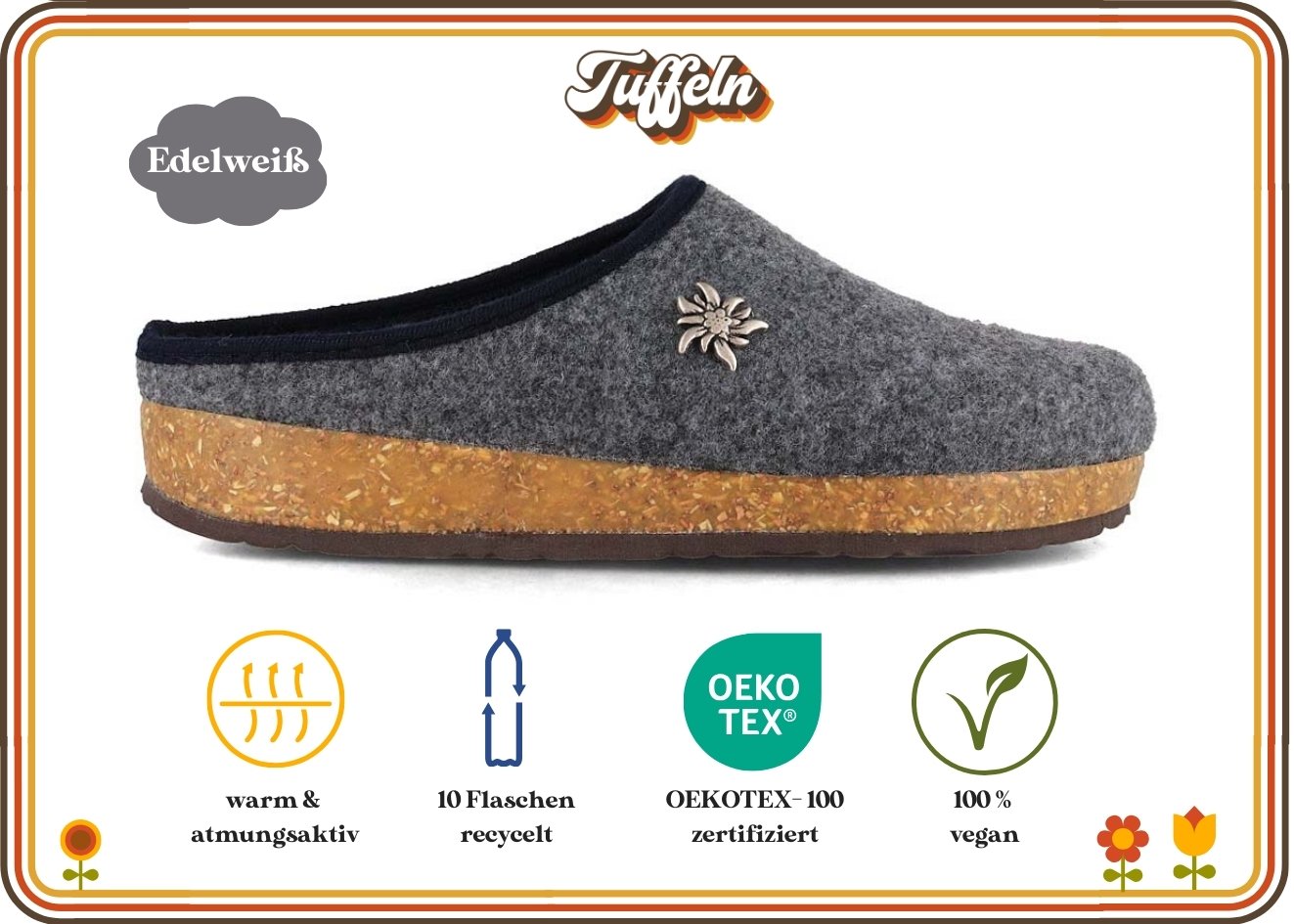 Wool Felt Clogs for Women | Tuffeln® Edelweiss | grey