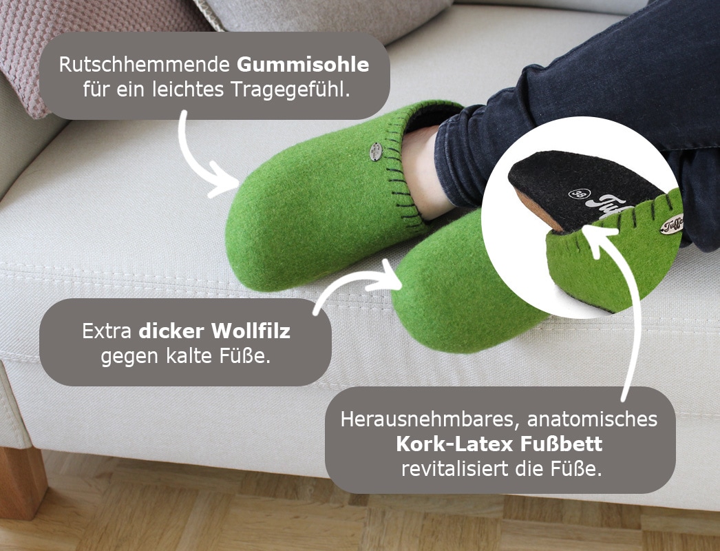 Tuffeln® Felt Slippers with Arch Support «Auszeit», green --> Boiled ...