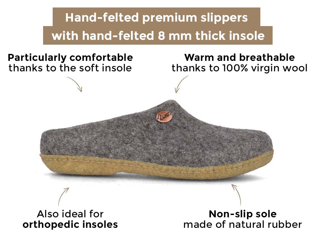 WoolFit® hand-felted slippers ´Classic´ with rubber
